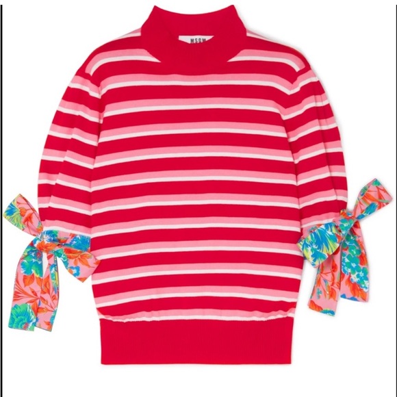 MSGM | Sweaters | Msgm Milano Red Pink White Stripe Knit Sweater Tie Sleeves Women Medium | Poshmark